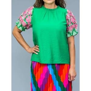 THML | Tops | New Thml Embroidered Statement Sleeve Top In Green | Poshmark